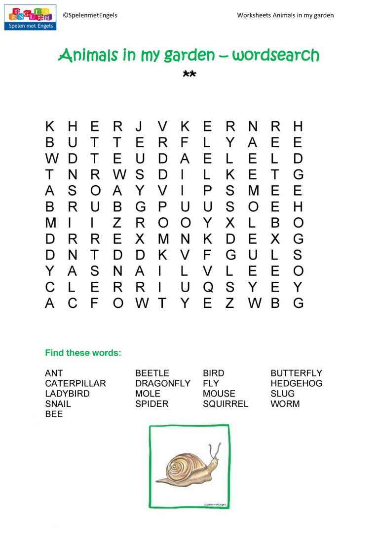 Worksheets Animals in my garden | Spelen met Engels