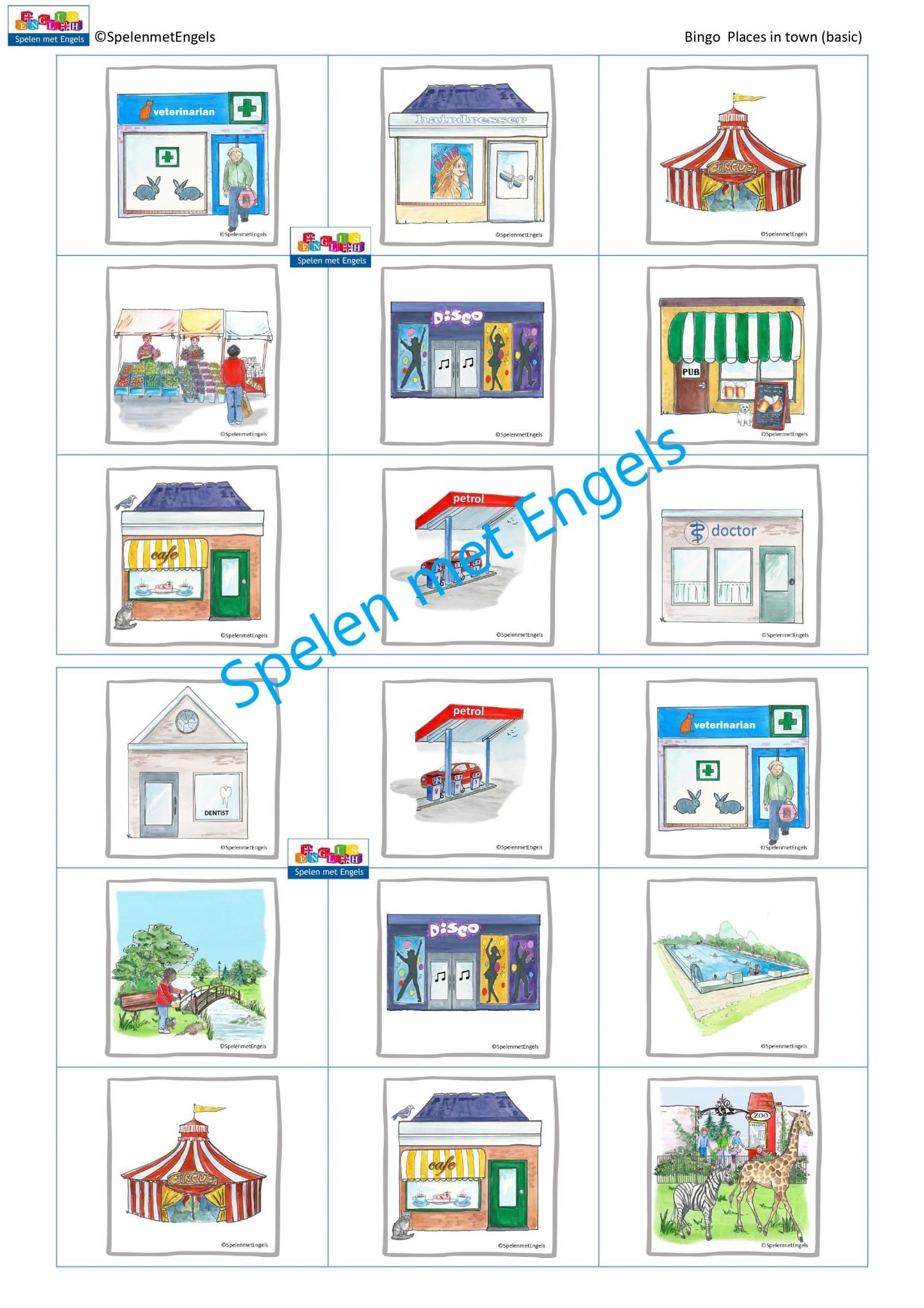 Bingo Places in town (basiswoorden) | My town | Spelen met Engels