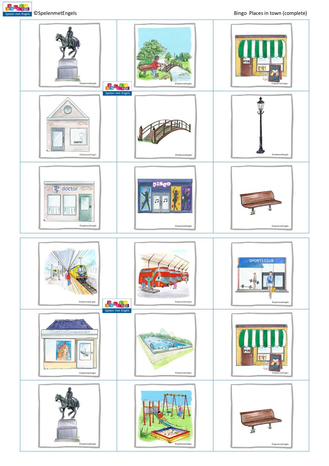 Bingo places in town (alle woorden) | My town | Spelen met Engels