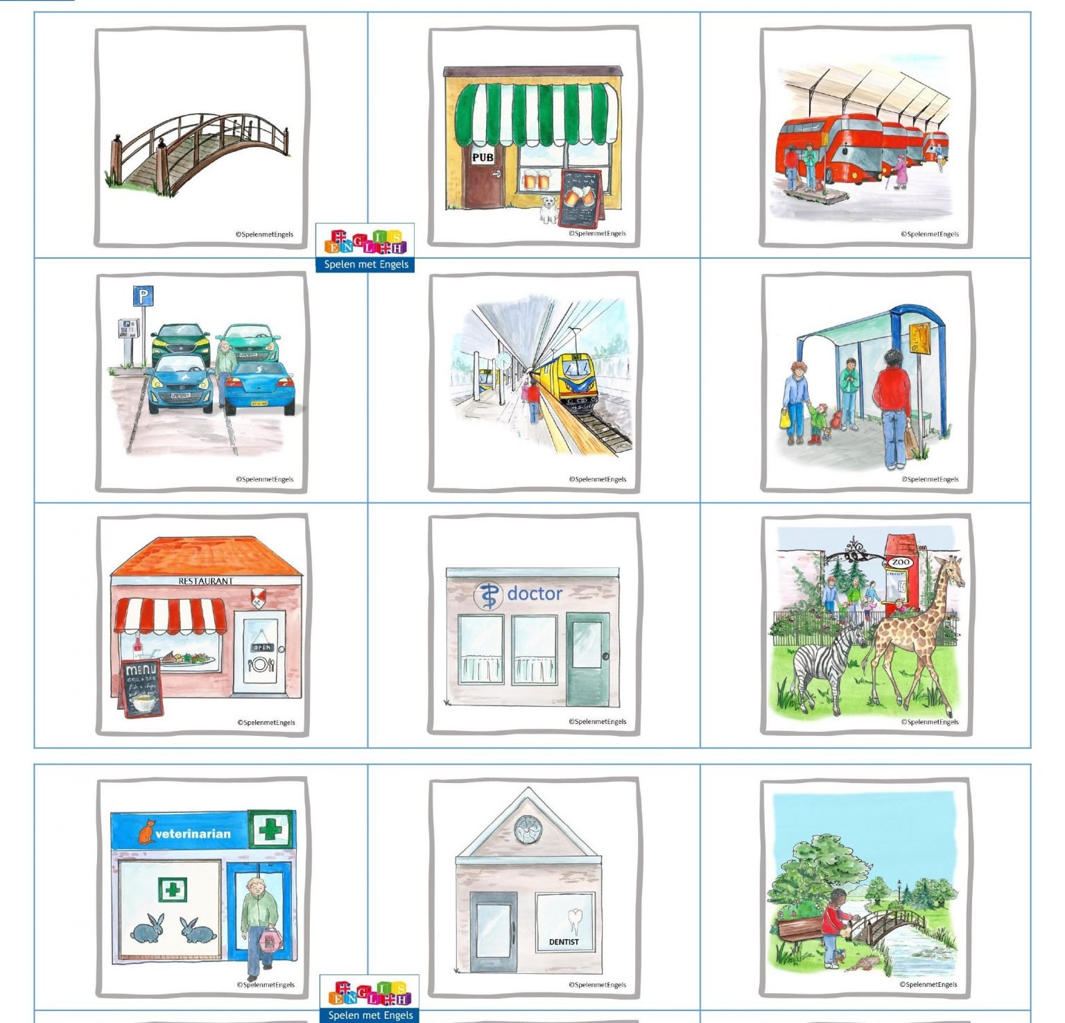 Bingo places in town (alle woorden) | My town | Spelen met Engels