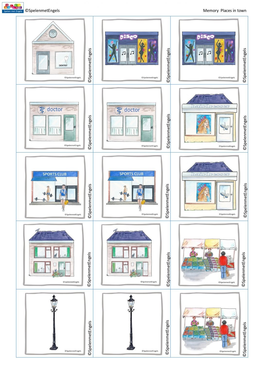 Memory Places in town | 85 kaarten | Spelen met Engels
