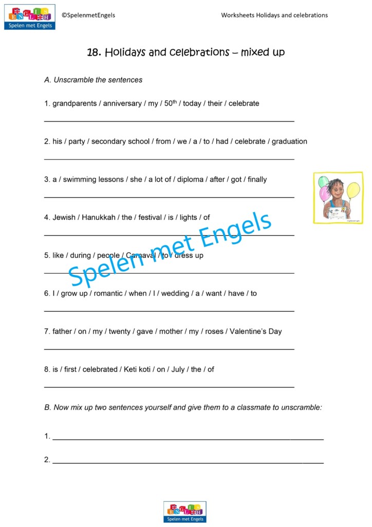 Worksheets Holidays and celebrations | Spelen met Engels