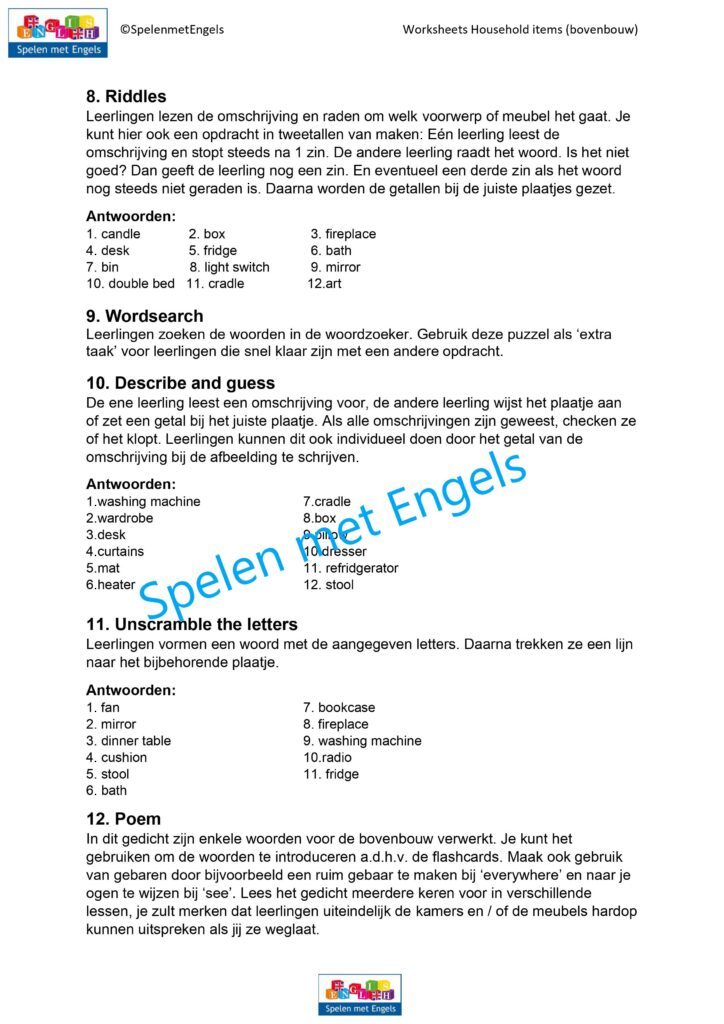 Worksheets Household items (bovenbouw) | Spelen met Engels