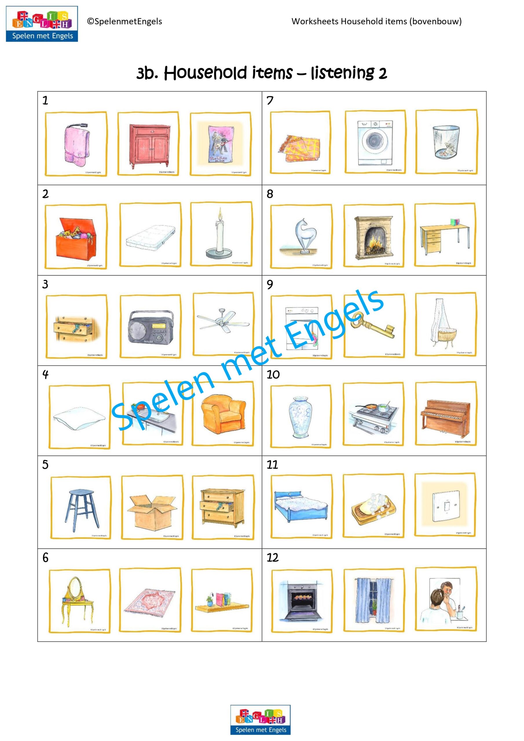Worksheets Household items (bovenbouw) | Spelen met Engels