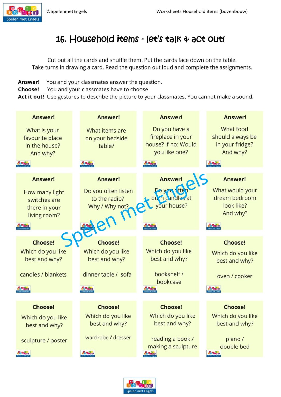 Worksheets Household items (bovenbouw) | Spelen met Engels