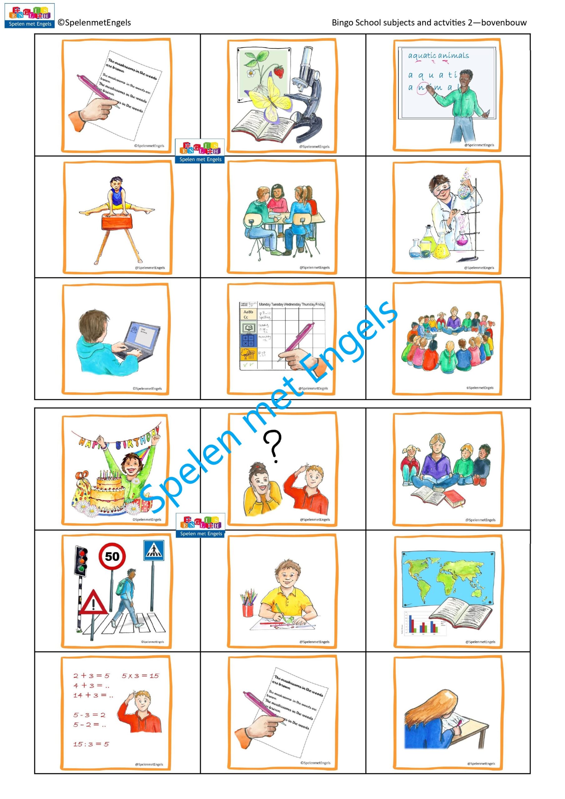 Bingo School subjects and activities (bovenbouw)