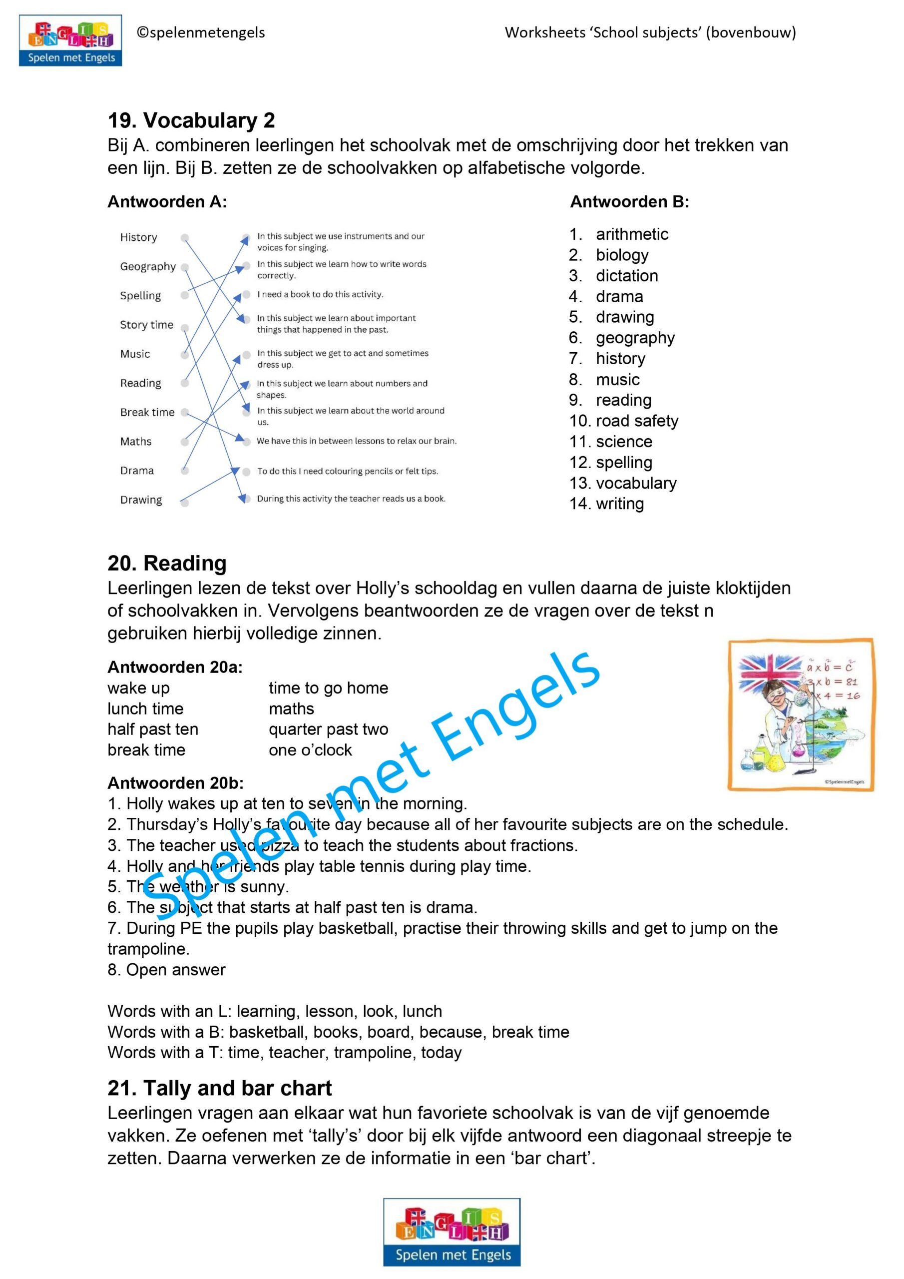 Worksheets School subjects (bovenbouw) | Spelen met Engels