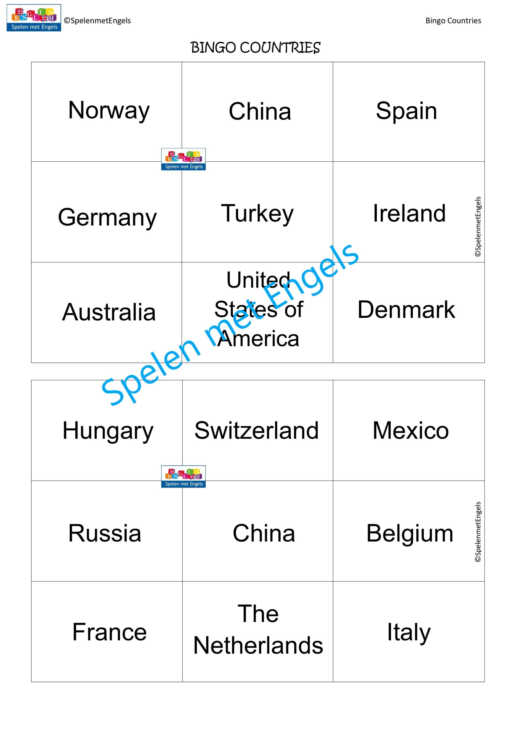 Bingo Countries | Spelen met Engels