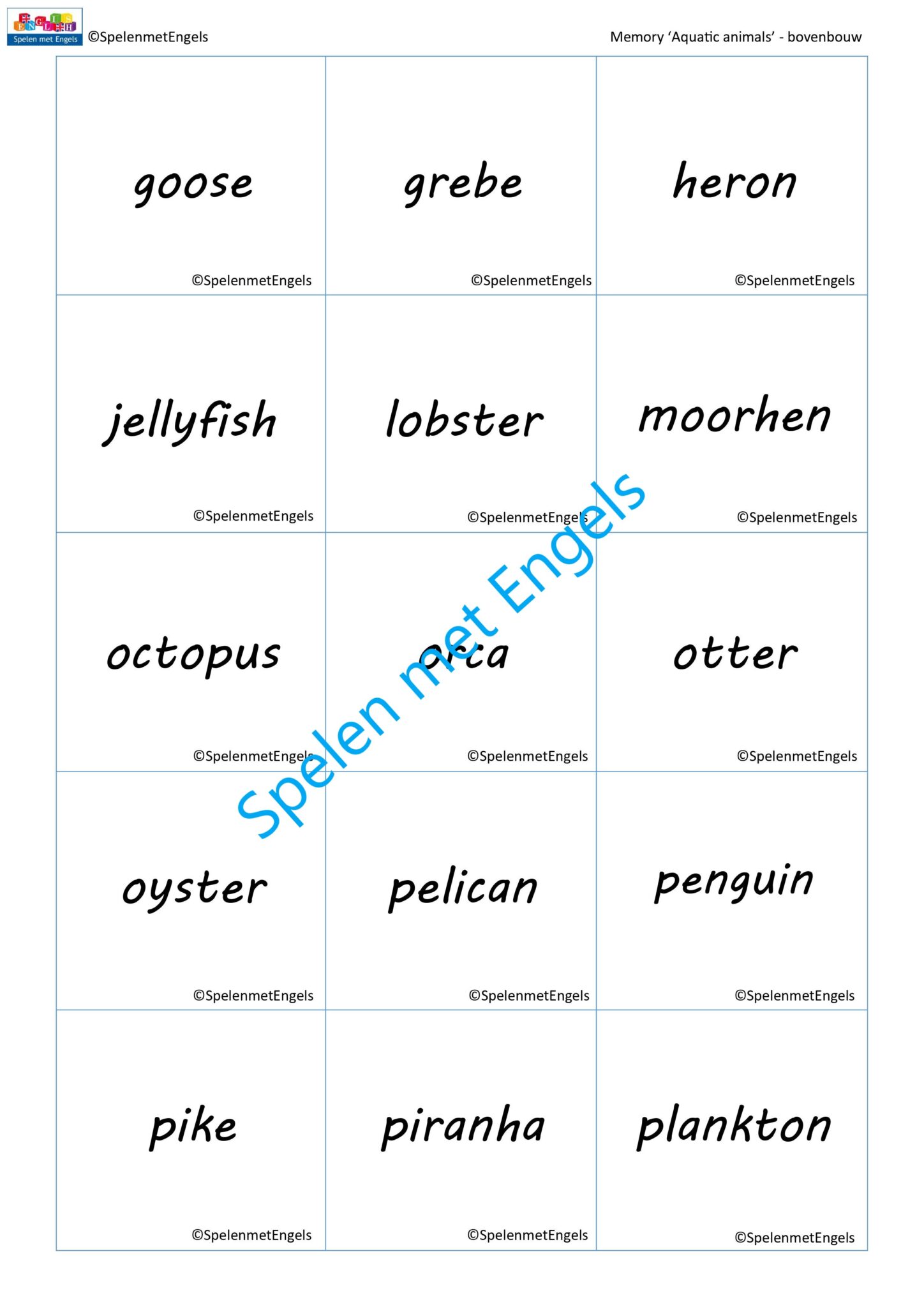 Memory Aquatic animals (bovenbouw) | Spelen met Engels